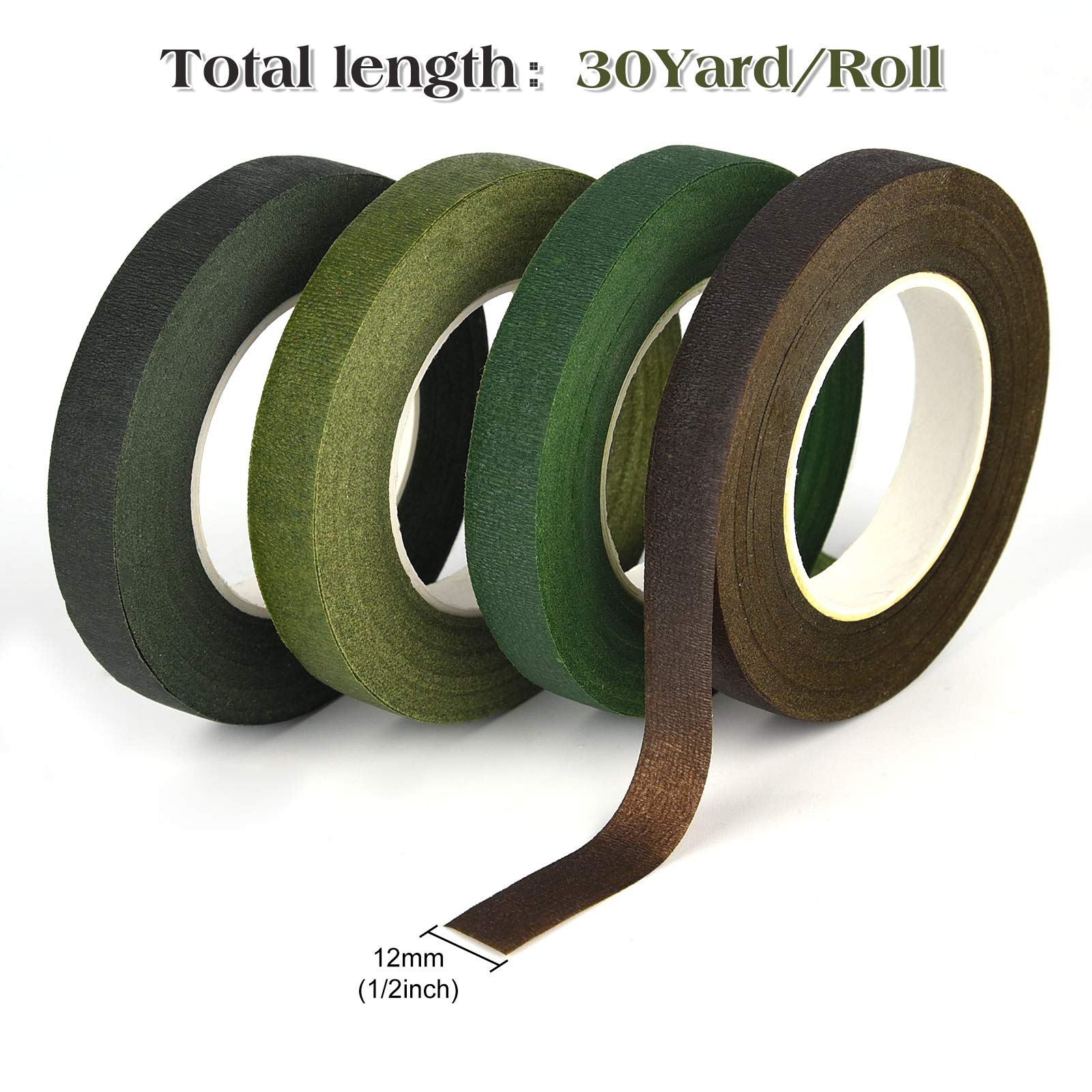 KUUQA 4 Rolls 1/2" Wide Floral Tapes for Bouquet Stem Wrapping and Floral Crafts,Wedding Bouquet,Dark Green,Light Green,Grass Green,Dark Brown