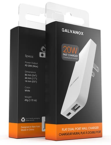 Type C Flat Wall Charger, Galvanox Ultra Slim (Multi-Port Power Adapter) for iPhone 11/12/13 iPhone 14 Pro/Max and Samsung Galaxy Models, 20W Fast Charging Outlet Plug - 2 Pack (Dual USB-C USB-A)