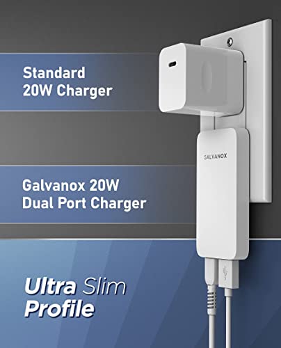 Type C Flat Wall Charger, Galvanox Ultra Slim (Multi-Port Power Adapter) for iPhone 11/12/13 iPhone 14 Pro/Max and Samsung Galaxy Models, 20W Fast Charging Outlet Plug - 2 Pack (Dual USB-C USB-A)
