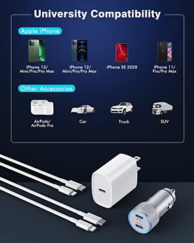 iPhone Car Charger, Dual USB C Fast Car Charger[Apple MFi Certified]40W Type C Apple Car Charger + 2pack 3.3ft Lightning Cable + 20W PD iPhone Charger Fast Charging for iPhone 14/13/12/11 Pro Max/iPad
