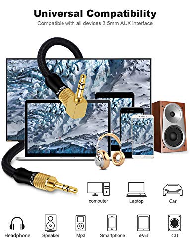 Aux Cable for Car， VANAUX 90 Degree Right Angle Auxiliary Cable Stereo Aux Jack to Jack Cord Compatible for Mp3 Player, Car Stereos, Smartphone, Speakers, Headphone and More(5ft/1.5m)