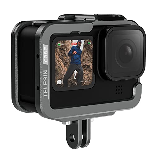 TELESIN Aluminum Cage Protective Case Frame Housing for GoPro Hero 11 10 9 Black, Fits Go Pro with ND CPL Lens Filter Max Lens on Camera, with Cold Shoe Connect to Video Light Microphone