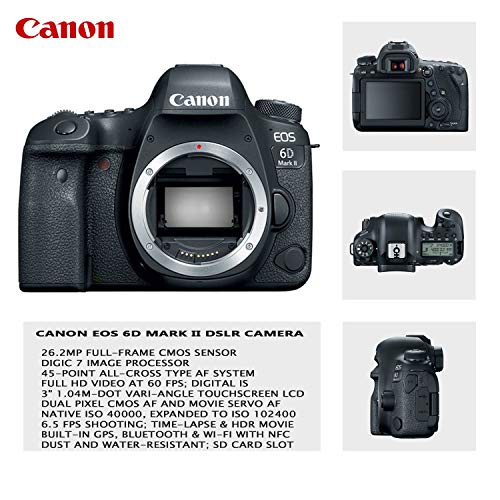 Canon EOS 6D Mark II DSLR Camera (Body Only) Bundle Includes 2X 128GB Memory, LED Video Light, Case, Rode Microphone, U-Grip, Time Remote with LCD, Photo/Video Software Package & More (Renewed)