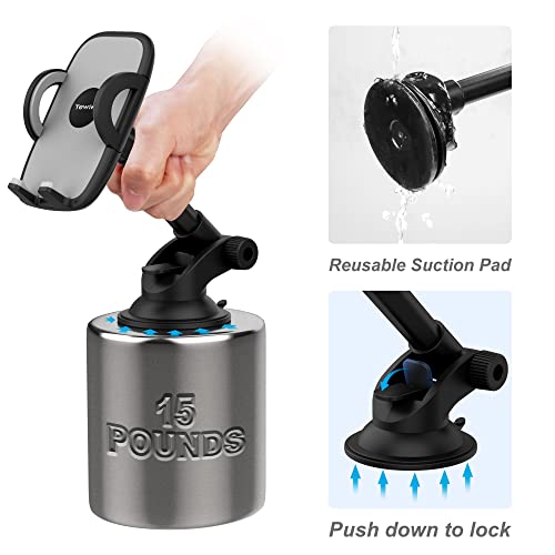 Tewiky Updated Hands-Free Car Phone Mount, Car Phone Holder with Powerful Suction Cup for Car Dashboard and Windshield, Compatible with All Cell Phones