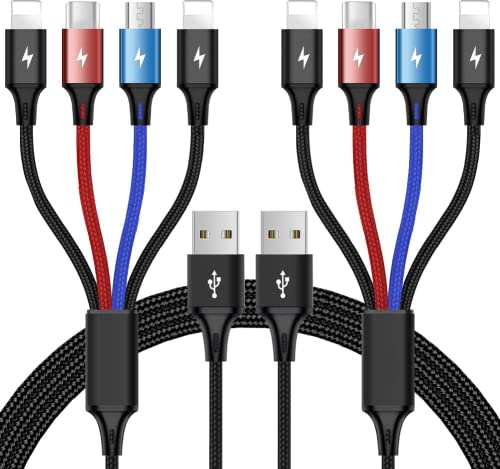 CHAFON Multi Charging Cable 2Pack 4FT 4 in 1 Nylon Braided Multiple USB Fast Charger Cord Adapter Type C Micro USB Port Connectors Compatible Cell Phones Tablets and More
