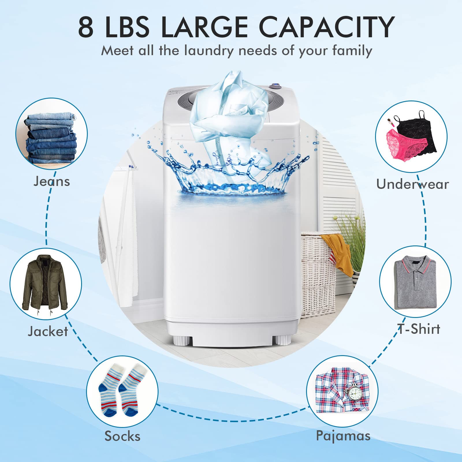COSTWAY Portable Washing Machine, 8Lbs Capacity Full-automatic Washer with 6 Wash Programs, LED Display, 3 Water Levels, Compact Laundry Washer and Dryer Combo for Home, Apartment, Dorm, RVs