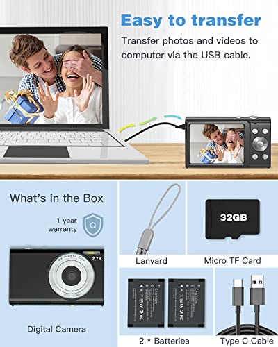 Digital Camera Auto Focus 2.7K 48MP Digital Point and Shoot Camera with 32GB Memory Card,16X Zoom, Time Lapse Vlogging Camera Digital Cameras for 8-15 Years Kids Teenagers Students Boys Girls