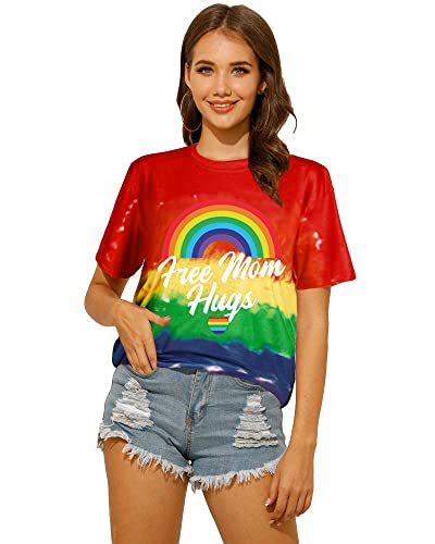 Pride Shirt Women Free Mom Hugs Shirts Funny Rainbow Graphic Tees LGBT Equality Gift Casual Short Sleeve Tops