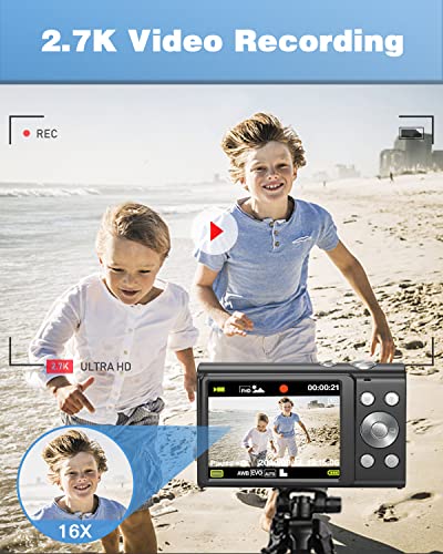 Digital Camera Auto Focus 2.7K 48MP Digital Point and Shoot Camera with 32GB Memory Card,16X Zoom, Time Lapse Vlogging Camera Digital Cameras for 8-15 Years Kids Teenagers Students Boys Girls