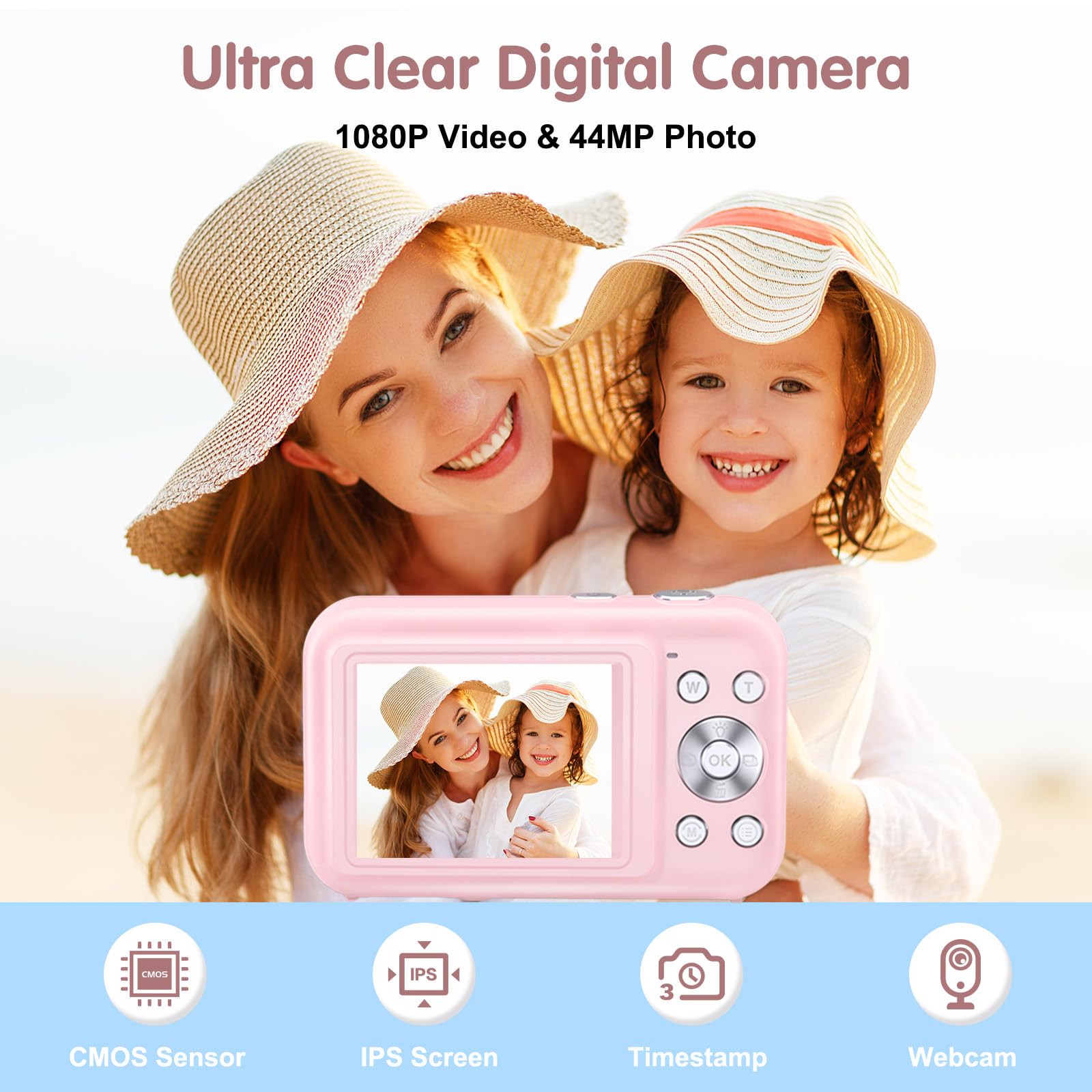 DGVDO Upgraded Pink Digital Camera, 2nd Gen FHD 1080P Digital Camera for Kids with 32GB Card, Video Anti-Shake, Portable Point and Shoot Camera Fill Flash 16X Zoom, Mini Camera DC406-Pink