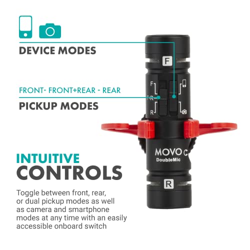 Movo DoubleMic V2 Two-Sided Supercardioid Video Shotgun Microphone for iPhone, Android, Smartphones or DSLR Camera - Dual Capsule External Mic with Improved Wind Protection - Latest Version