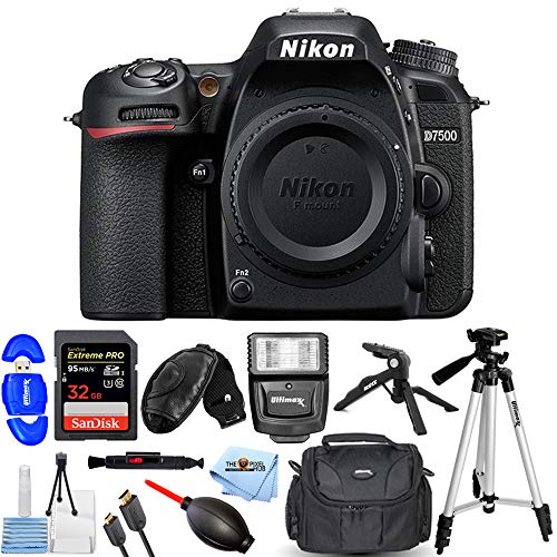 Nikon D7500 DX-Format Digital SLR Body - Pro Bundle Includes: Extreme Pro 32GB SD, Flash, Tripod, Gadget Bag, HDMI Cable and More