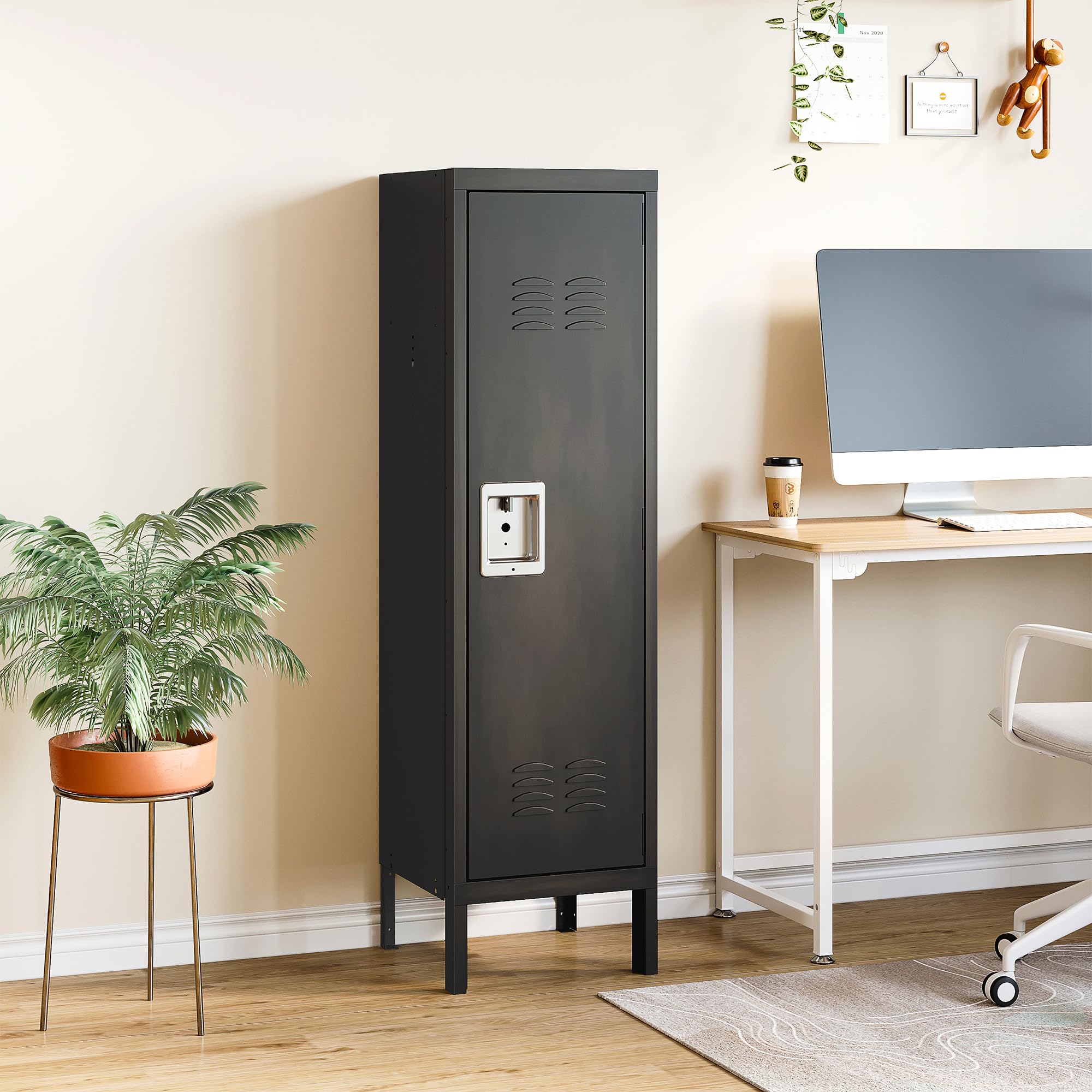 Anxxsu Metal Storage Locker, Lockable Employees Metal Locker with Door, 55" Height Steel Locker for Home, School, Office, Gym (Retro Black)