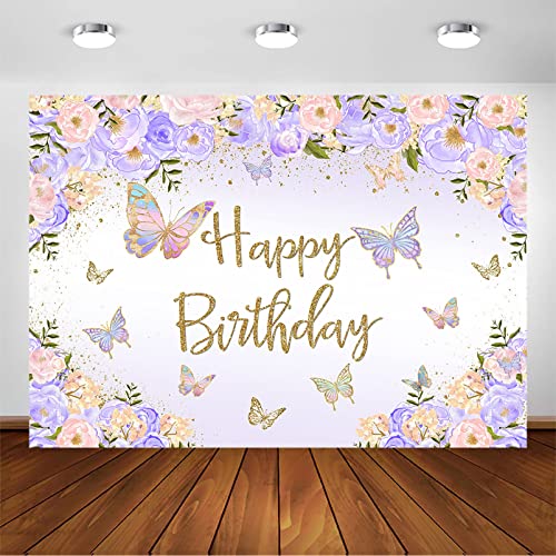 Avezano Purple Butterfly Birthday Backdrop for Girl's Purple Peach Floral Pastel Butterflies Birthday Background Pink Lilac Purple Gold Wishes and Butterfly Kisses Party Decorations Photoshoot (7x5ft)