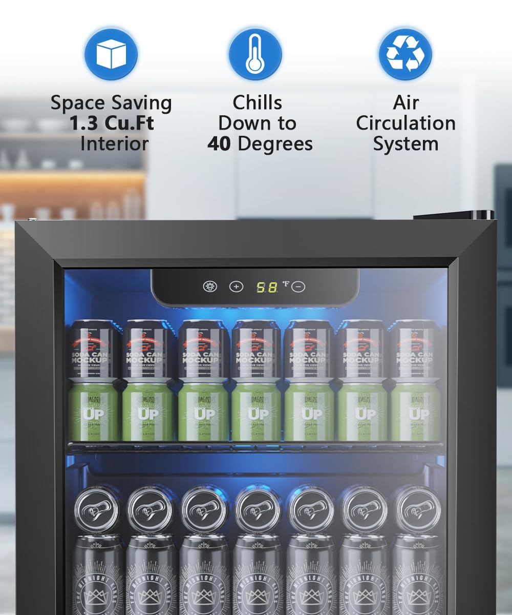 Joy Pebble Beverage Refrigerator Cooler 1.3 Cu.Ft, 12 Bottle 55 Can - Mini Fridge with Glass Door for Beer Drinks Wines,Freestanding beverage fridge with Adjustable Shelving