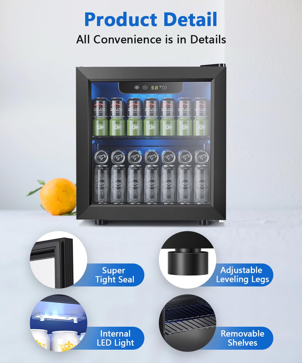 Joy Pebble Beverage Refrigerator Cooler 1.3 Cu.Ft, 12 Bottle 55 Can - Mini Fridge with Glass Door for Beer Drinks Wines,Freestanding beverage fridge with Adjustable Shelving