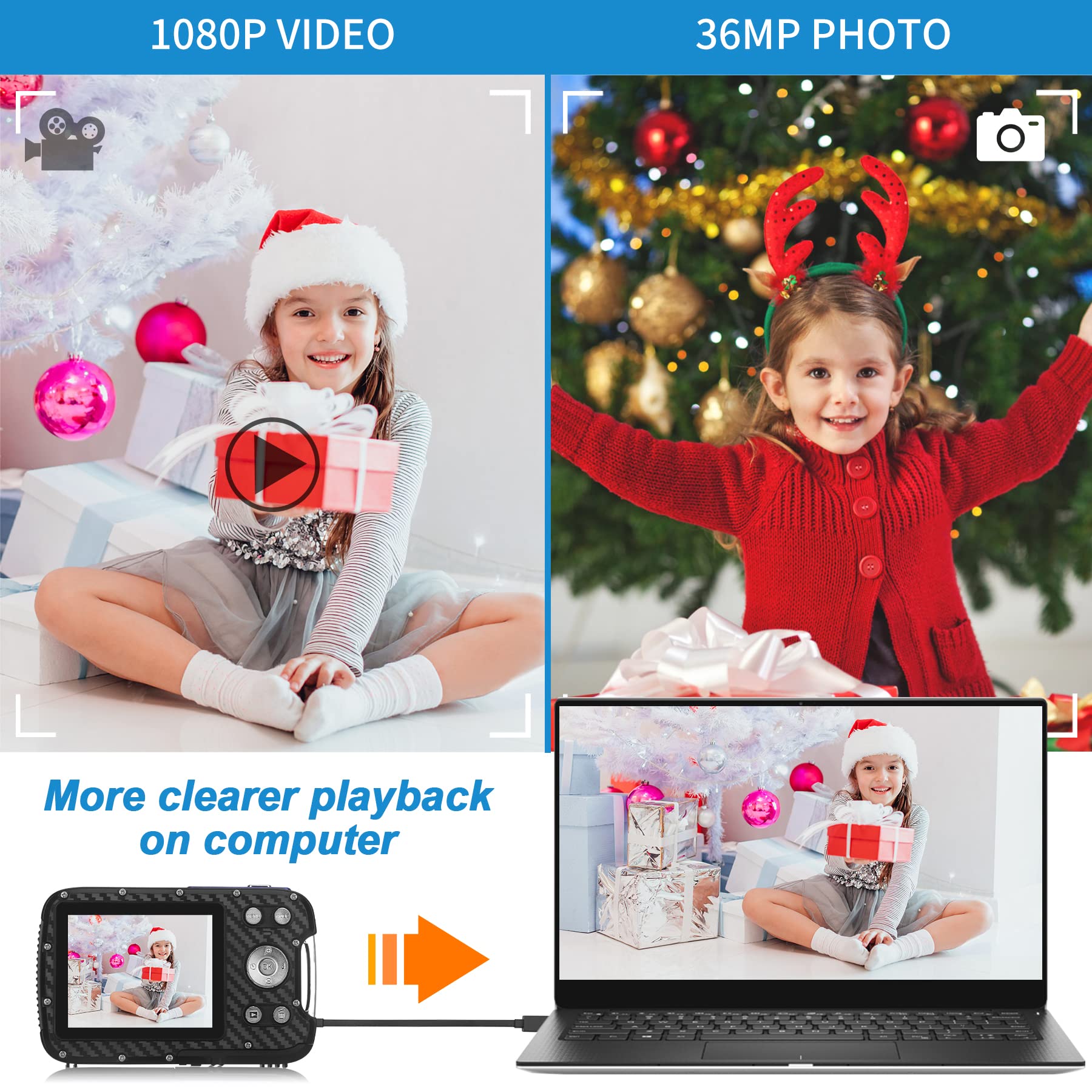 Waterproof 1080P 36MP Compact Camera for Kids with 32GB Card, Point and Shoot Portable Camera for Teens, Students, Boys, Girls, Seniors