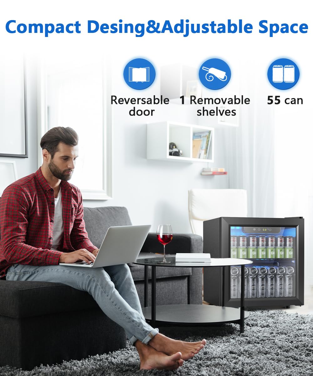 Joy Pebble Beverage Refrigerator Cooler 1.3 Cu.Ft, 12 Bottle 55 Can - Mini Fridge with Glass Door for Beer Drinks Wines,Freestanding beverage fridge with Adjustable Shelving