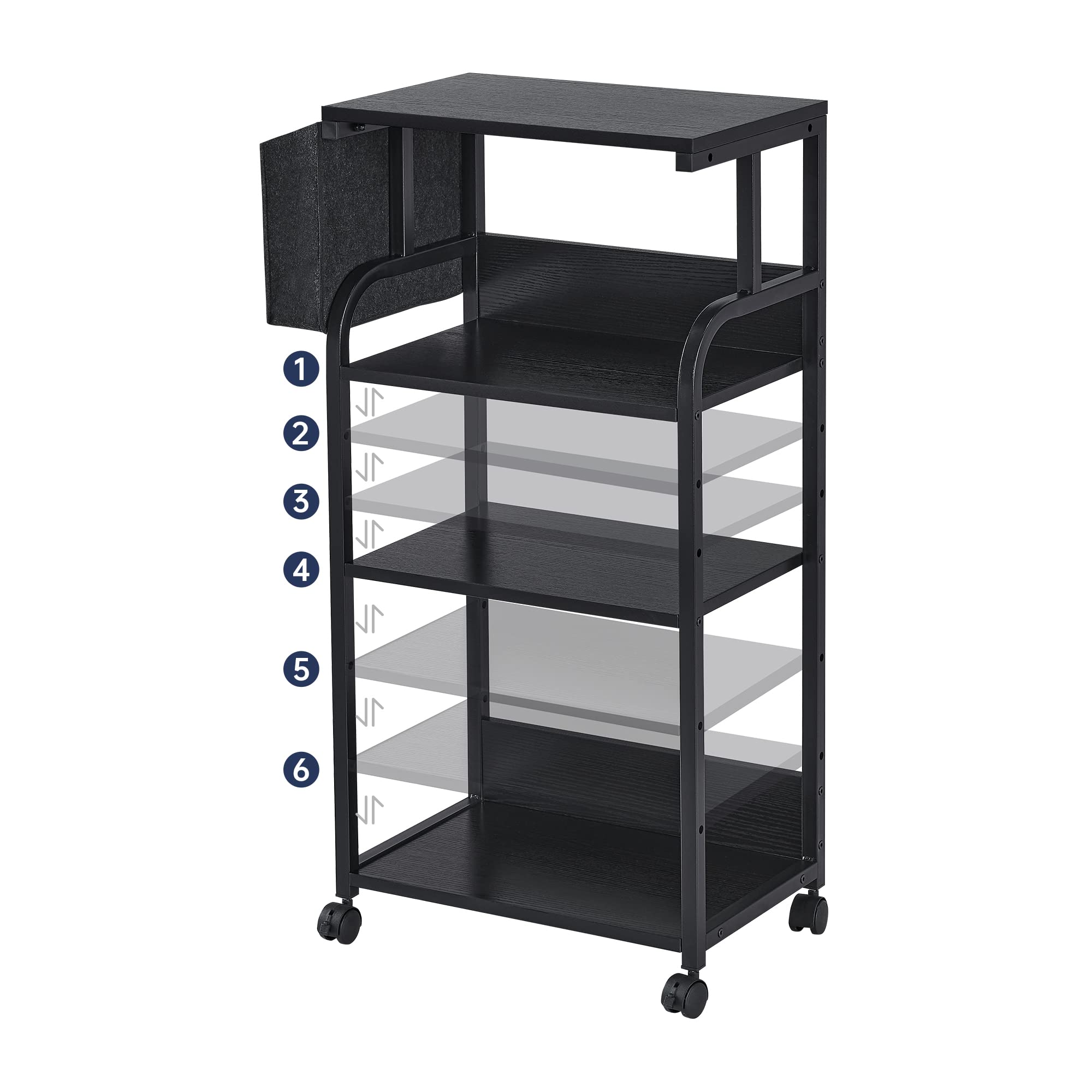 Fannova 4 Tier Small Printer Stand with Adjustable Shelf and Storage Pouch, Rolling Printer Cart with Wheels for Home Office Organization, Table Stand for Shredder CPU Computer Tower, Black