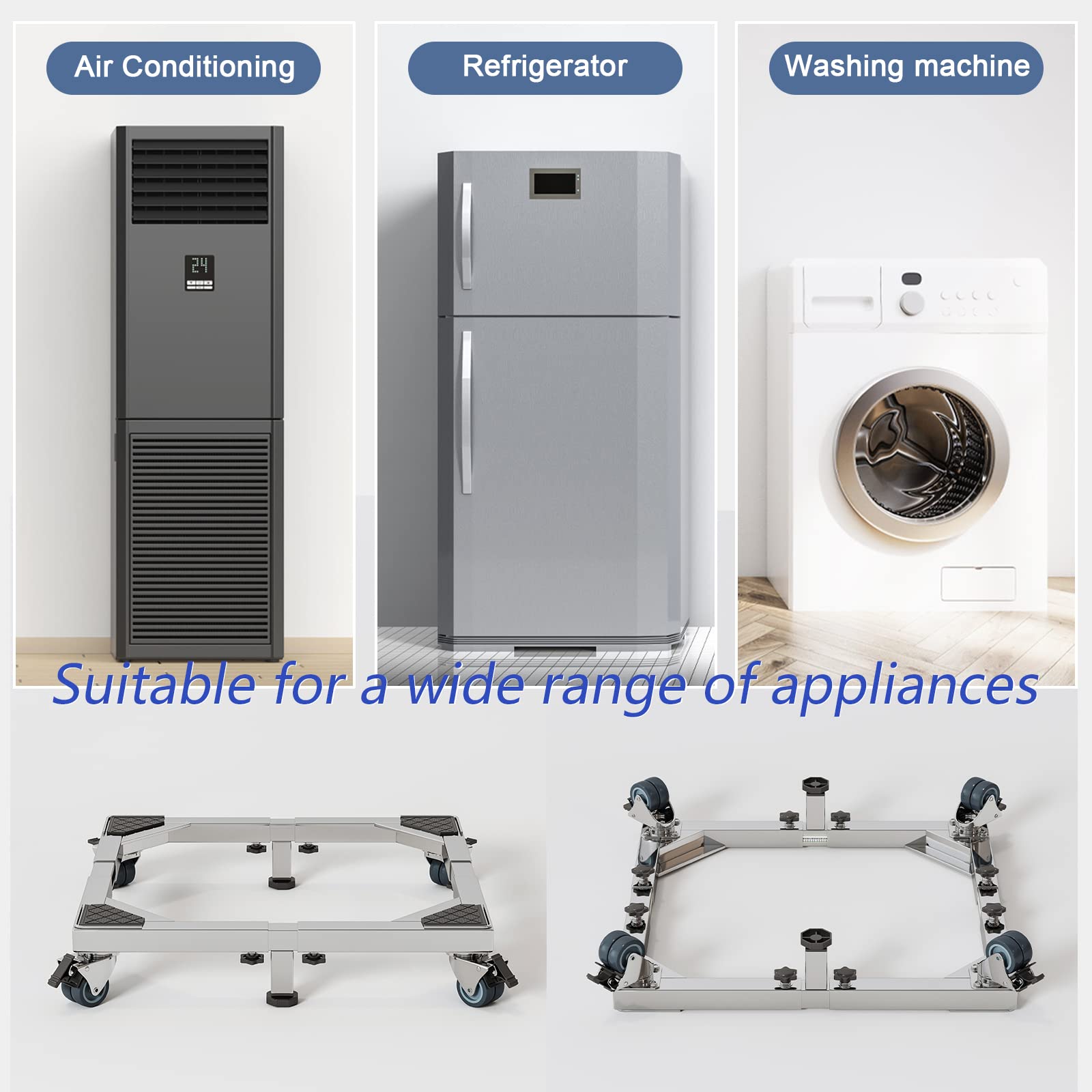 Chinchilla Heavy Duty All Stainless Steel Mobile Fridge Stand Base, Washing Machine Stand with Wheels, Adjustable Furniture Dolly for Washer, Refrigerator and Dryer(Large