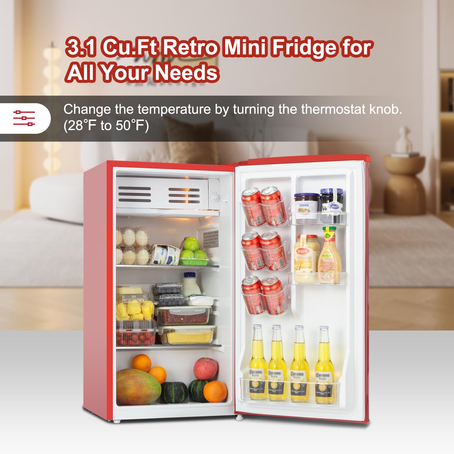 Frestec 3.1 CU' Retro Mini Refrigerator, Compact Refrigerator, Small Refrigerator with Freezer, Red (FR 310 RRED)