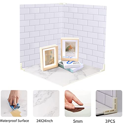 EOAJAFOU 3PCS 24×24in Photo Backdrop Boards White Marble & White Brick Wall with 3PCS Bracket for Food Photography Background
