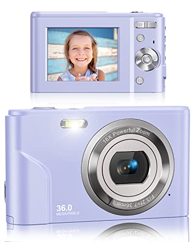 Digital Camera, Lecran FHD 1080P 36.0 Mega Pixels Vlogging Camera with 16X Digital Zoom, LCD Screen, Compact Portable Mini Cameras for Students, Teens, Kids (Purple)