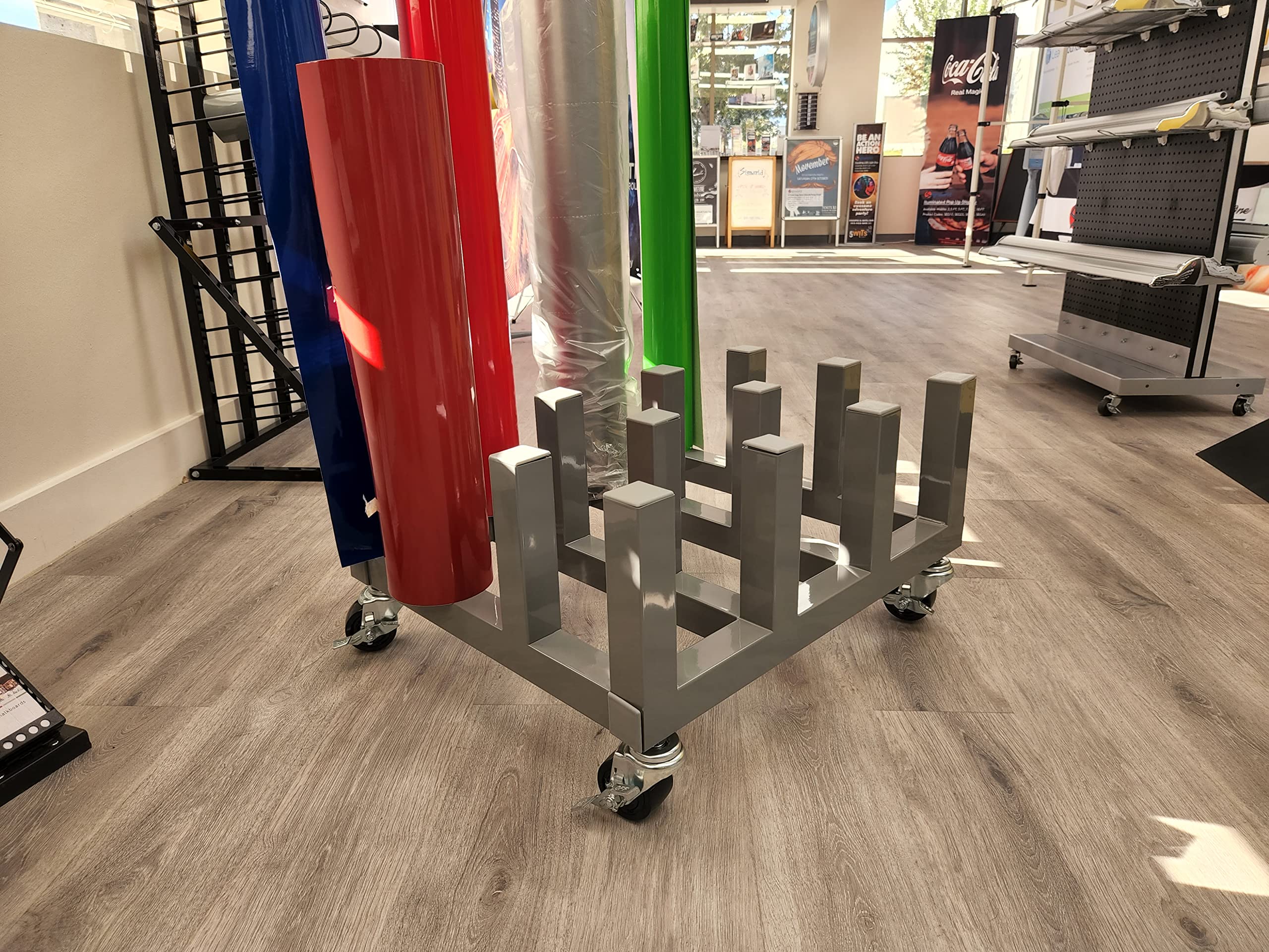 Signworld Heavy Duty Media Roll Mover Mobile Storage Cart Rack β Holds 16 Rolls