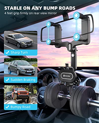 Phone Mount for Car【Large Rear Mirrors Friendly】 Rear View Mirror Phone Holder,【Upgraded 4 Clip More Stable】 360 Rotatable and Retractable Car Phone Holder Fit All Mobiles & Fits Bigger Vehicle