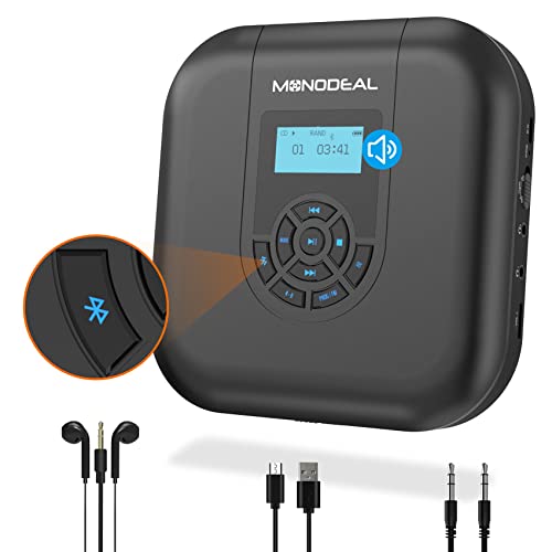 CD Player Portable, MONODEAL Bluetooth CD Player with Speakers and FM Transmitter, Rechargeable 1800mAh CD Player for Car and Home with LED Screen