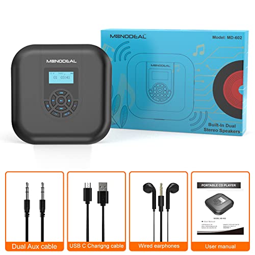 CD Player Portable, MONODEAL Bluetooth CD Player with Speakers and FM Transmitter, Rechargeable 1800mAh CD Player for Car and Home with LED Screen