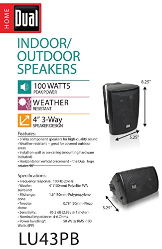 Dual Electronics LU43PB 3-Way High Performance Outdoor Indoor Speakers with Powerful Bass & Dual Electronics DBTMA100 Micro Wireless Bluetooth 2 Channel Stereo Class-D Amplifier