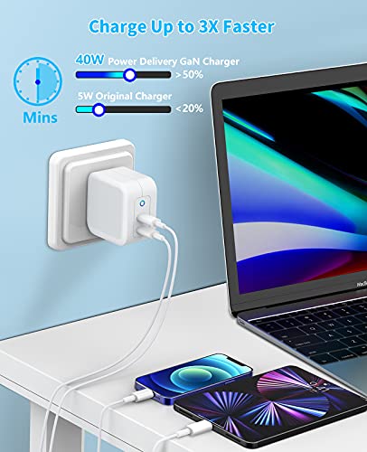 [Apple MFi Certified] iPhone Fast Charger, GEONAV 40W Dual USB C Foldable GaN Charger, 2-Port 20W Power Delivery Quick Charger with 2Pack 6FT Type C to Lightning Sync Cable for iPhone/iPad/AirPods Pro