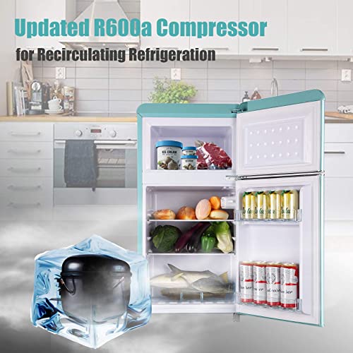 WANAI Compact Refrigerator 3.2 Cu.Ft Classic Retro Blue Refrigerator 2 Door Mini Refrigerator Adjustable Remove Glass Shelves Refrigerator Suitable for Dorm Garage and Office