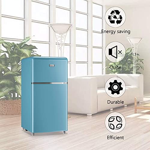 WANAI Compact Refrigerator 3.2 Cu.Ft Classic Retro Blue Refrigerator 2 Door Mini Refrigerator Adjustable Remove Glass Shelves Refrigerator Suitable for Dorm Garage and Office