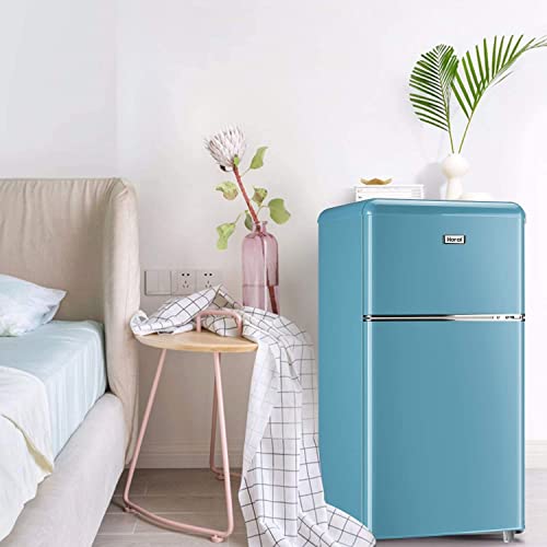 WANAI Compact Refrigerator 3.2 Cu.Ft Classic Retro Blue Refrigerator 2 Door Mini Refrigerator Adjustable Remove Glass Shelves Refrigerator Suitable for Dorm Garage and Office