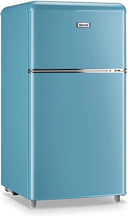 WANAI Compact Refrigerator 3.2 Cu.Ft Classic Retro Blue Refrigerator 2 Door Mini Refrigerator Adjustable Remove Glass Shelves Refrigerator Suitable for Dorm Garage and Office