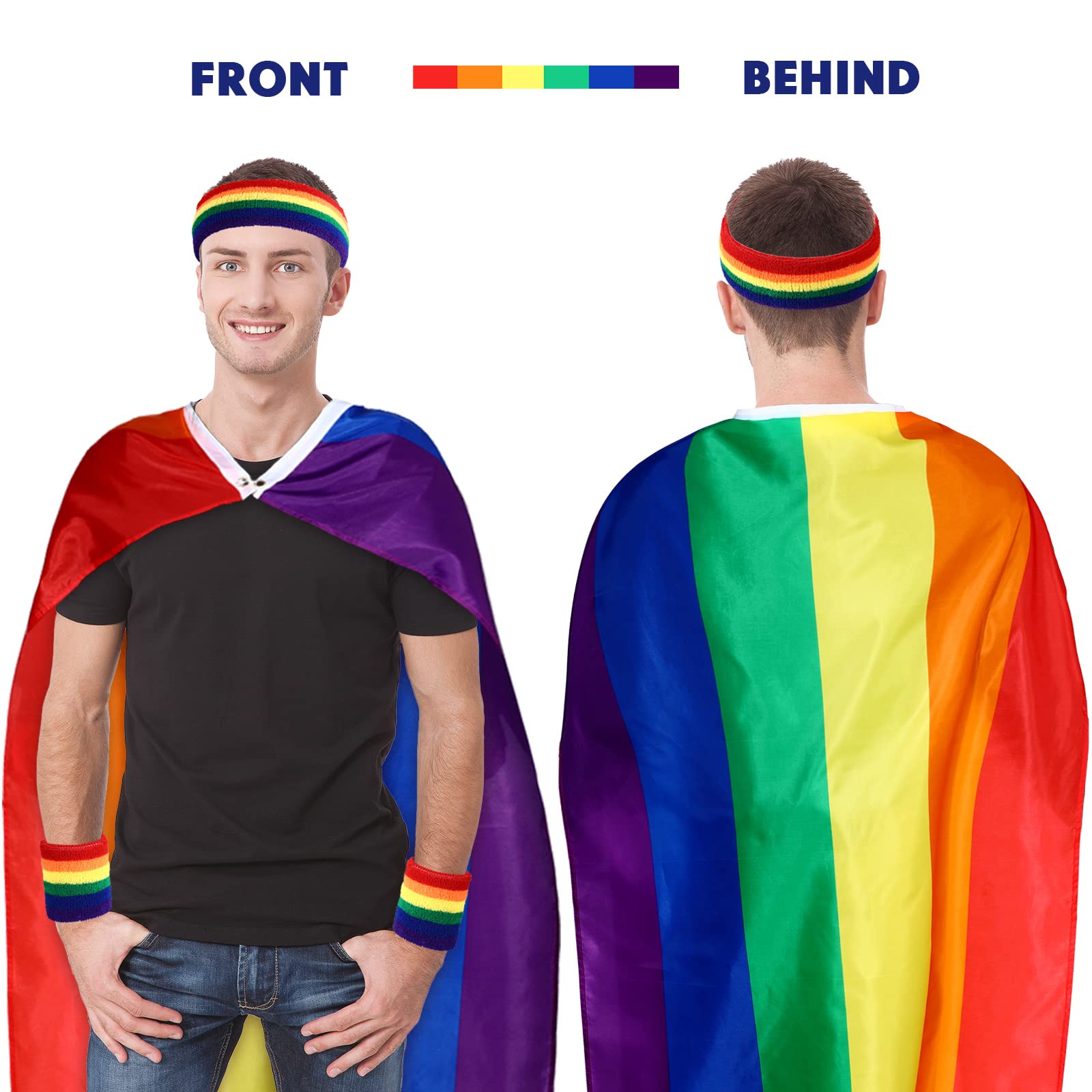 Halloween Costume Set Gay Pride Rainbow Set, Rainbow Pride Cape Pride Flag Rainbow Striped Sweatband Headband Wristbands for LGBT Gay Holiday Party Celebration