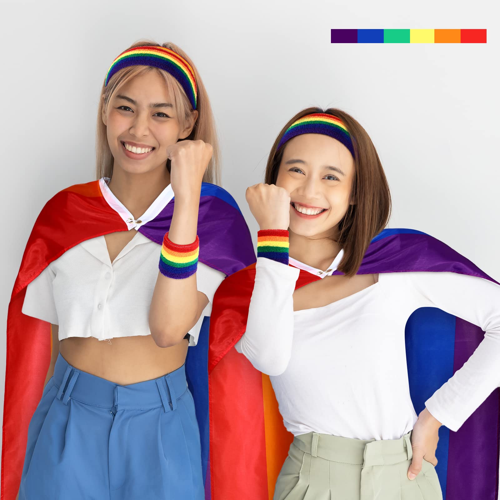 Halloween Costume Set Gay Pride Rainbow Set, Rainbow Pride Cape Pride Flag Rainbow Striped Sweatband Headband Wristbands for LGBT Gay Holiday Party Celebration