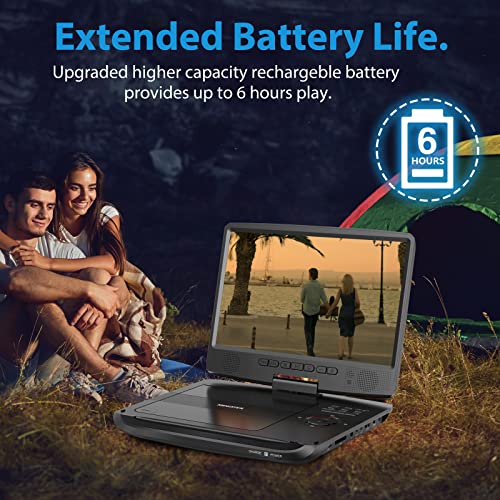 Megatek 12.5" Portable DVD Player with 10.5" HD Swivel Screen, Upgraded 6-Hour Rechargeable Battery, Play CD/DVD/USB/SD Card, Car Headrest Mount, AC Power Adapter, Car Charger, Remote Control