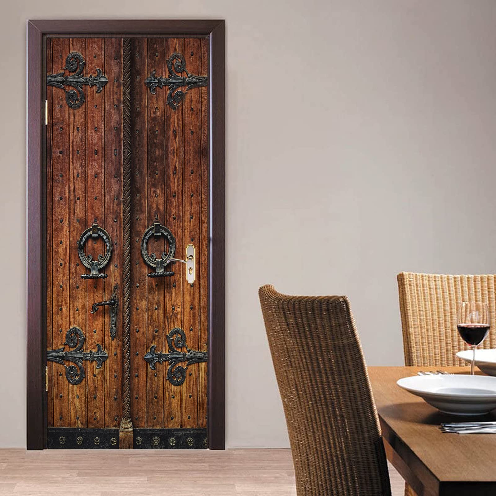 artfanke 3D Realistic Wooden Pattern Door Sticker Peel and Stick - Retro Wood Murals Wallpaper - Waterproof Door Decal for Home Decor 30.3"x78.7"(2 Sheets/Set)