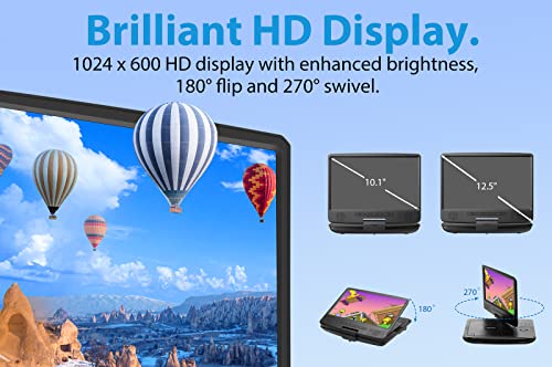 Megatek 12.5" Portable DVD Player with 10.5" HD Swivel Screen, Upgraded 6-Hour Rechargeable Battery, Play CD/DVD/USB/SD Card, Car Headrest Mount, AC Power Adapter, Car Charger, Remote Control