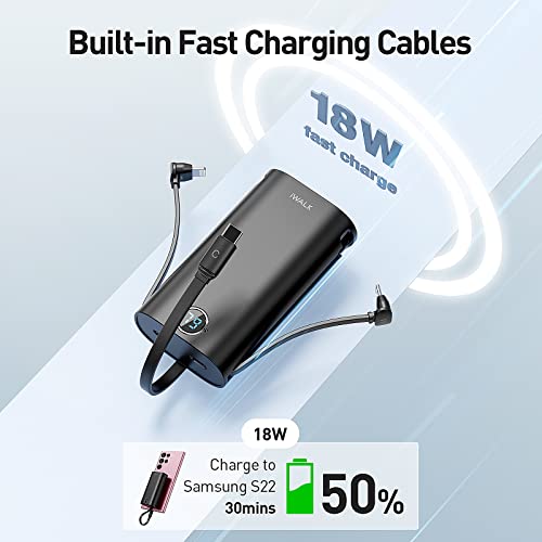 iWALK PowerSquid Portable Charger with Built-in 3 Cables, 9000mAh Ultra-Compact USB C Power Bank Fast Charging 18W PD with LED Display, Compatible with iPhone 14/13/12, Samsung Galaxy, Google Pixel