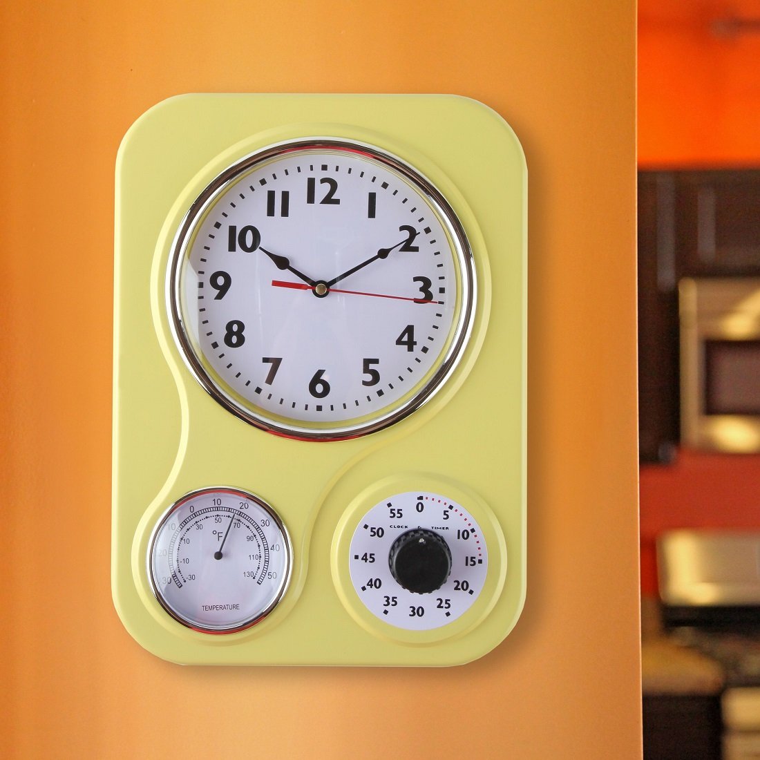 Lily's Home Retro Kitchen Wall Clock, with a Thermometer and 60-Minute Timer, Ideal for Any Kitchen, Yellow (9.5 in x 13.3 in)