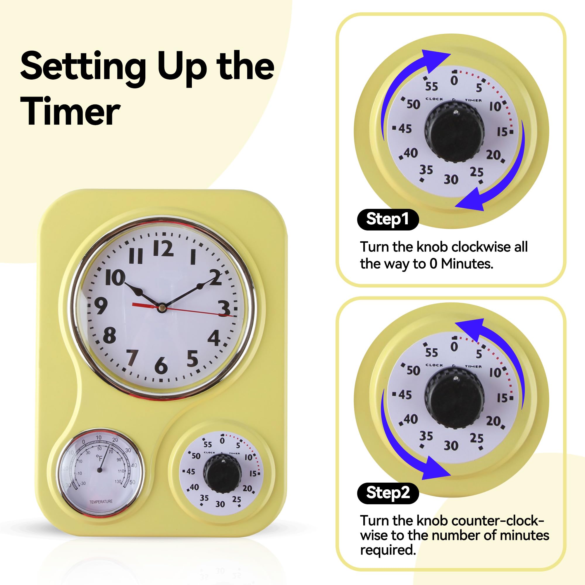 Lily's Home Retro Kitchen Wall Clock, with a Thermometer and 60-Minute Timer, Ideal for Any Kitchen, Yellow (9.5 in x 13.3 in)
