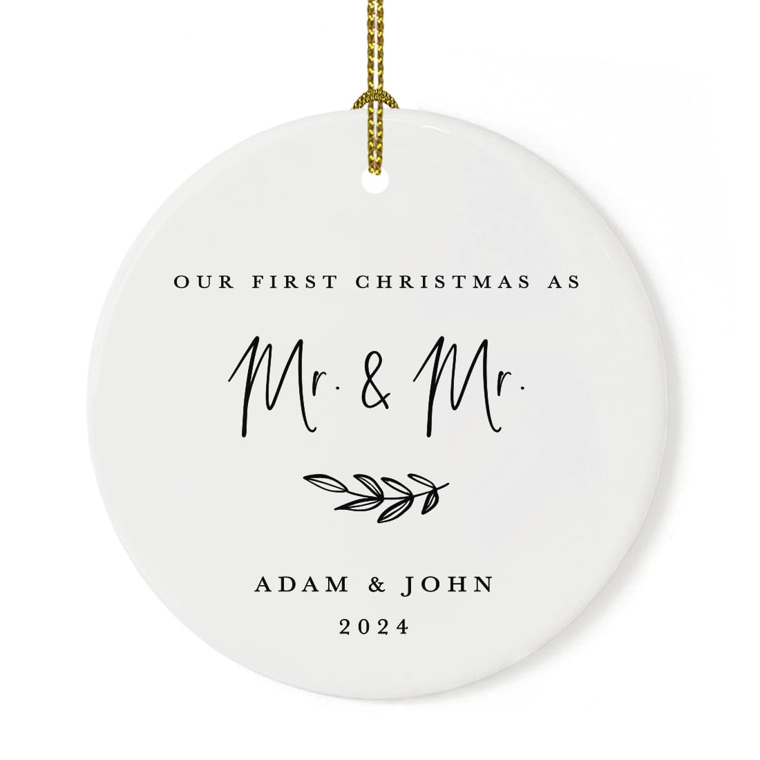 Andaz Press Personalized Gay Couple Wedding Round Ceramic Porcelain Tree Ornament Engagement Keepsake Gift, Our First Christmas As Mr. & Mr, 2024, Antique Handdrawn, 1-Pack Gay Christmas Ornaments
