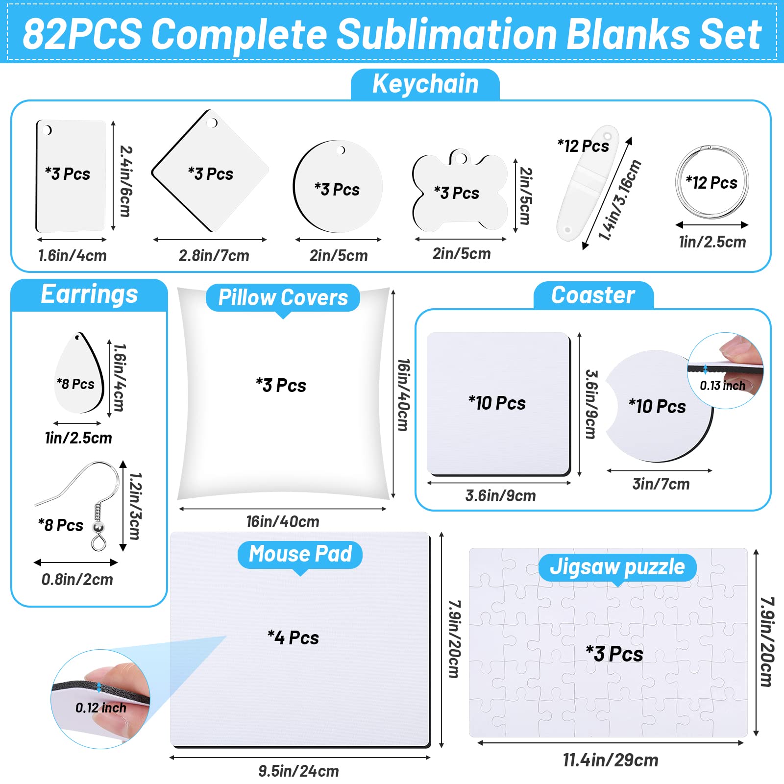 modacraft 82 PCS Sublimation Blanks Products Set, DIY Sublimation Starter Kit with 20 Car Coasters, 12 Keychains, 8 Earrings, 4 Mouse Pads, 3 Pillow Covers, 3 Puzzles