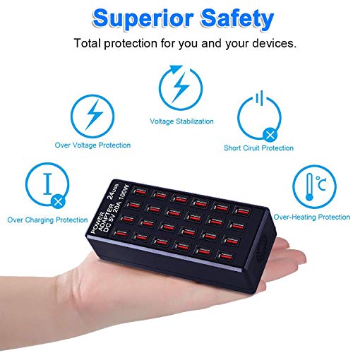 24-Port 100 watt (20 A) USB Charging Station, Home Desktop USB Fast Charger, Multiple USB Desktop Chargers, Suitable for Hotels, Shops, Schools, Shopping malls and Travel