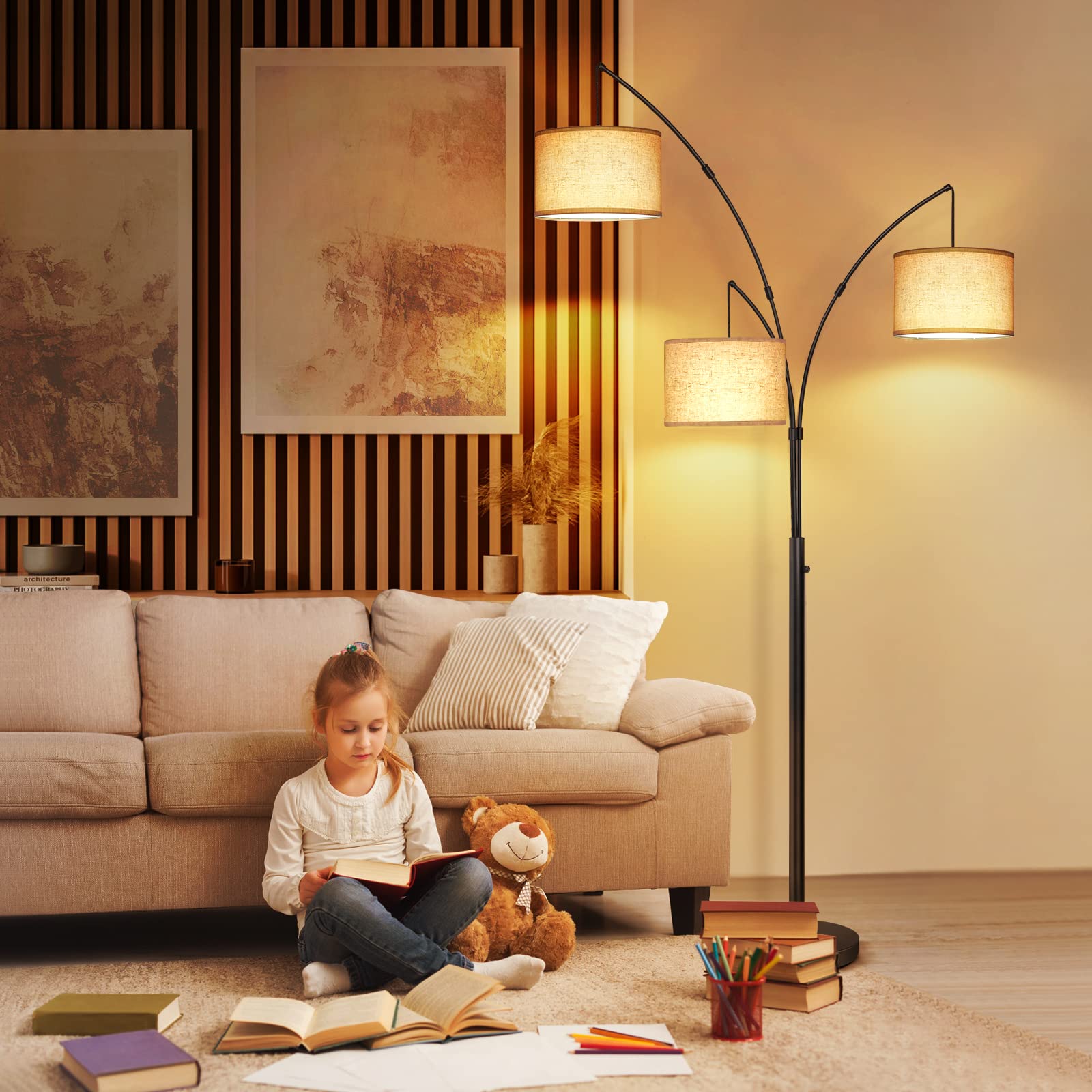 OUTON Arc Led Floor Lamp, Modern Black 3 Light Arched Tall Floor Lamp for Bedroom, 2400lm Mid Century Adjustable Standing Corner Lamps with Hanging Shade for Office Living Room, 3 Led Bulbs Included