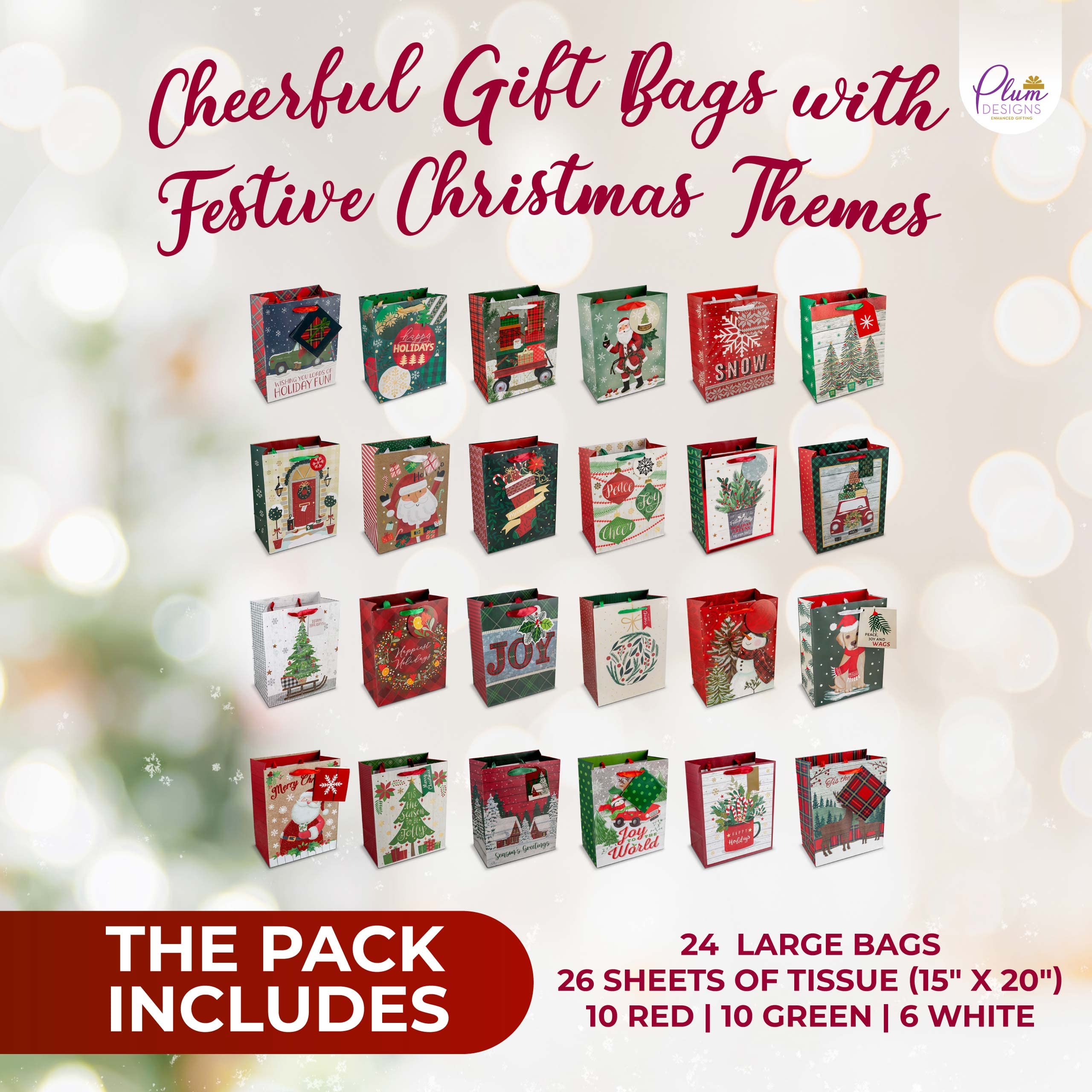 Gift Bags Assorted Sizes, Set of 8 Gift Bags with Tissue Paper- Includes Small Gift Bags, Medium Gift Bags and Large Size Paper Gift Bags with Handles for Holiday and Birthday Gifts (Assorted Sizes 8 Gift Bags) (24ct Christmas Gift Bags)